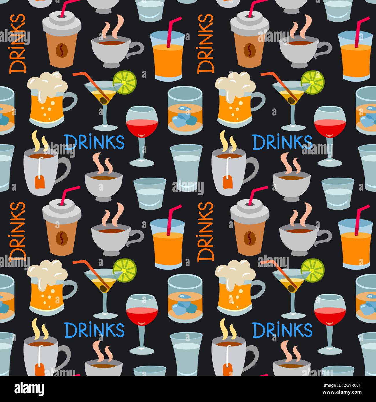illustration of the beverages and drinks seamless colorful pattern ...
