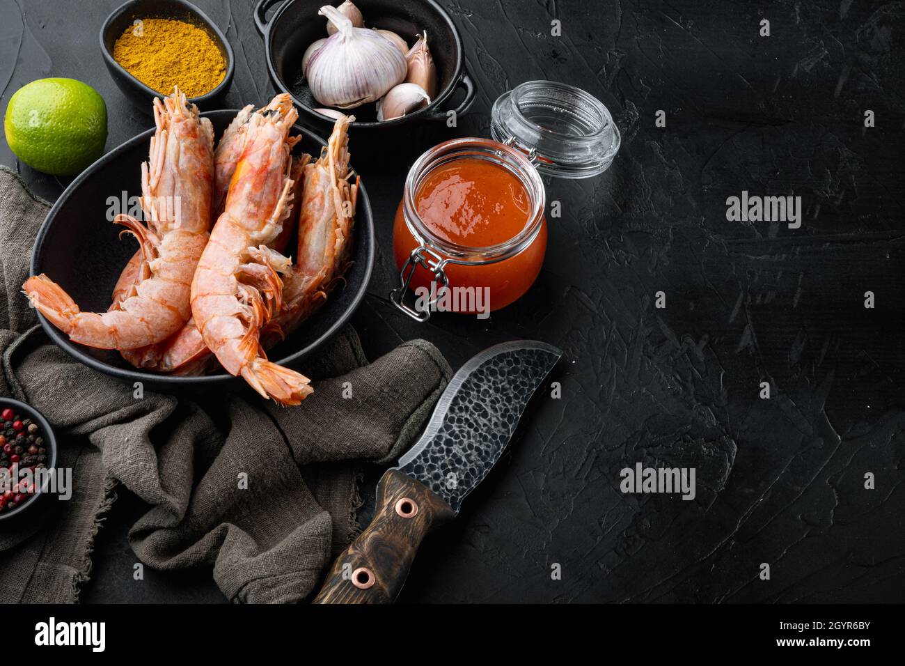 Mango chutney Large raw shell on raw king prawns ingredients set in ...