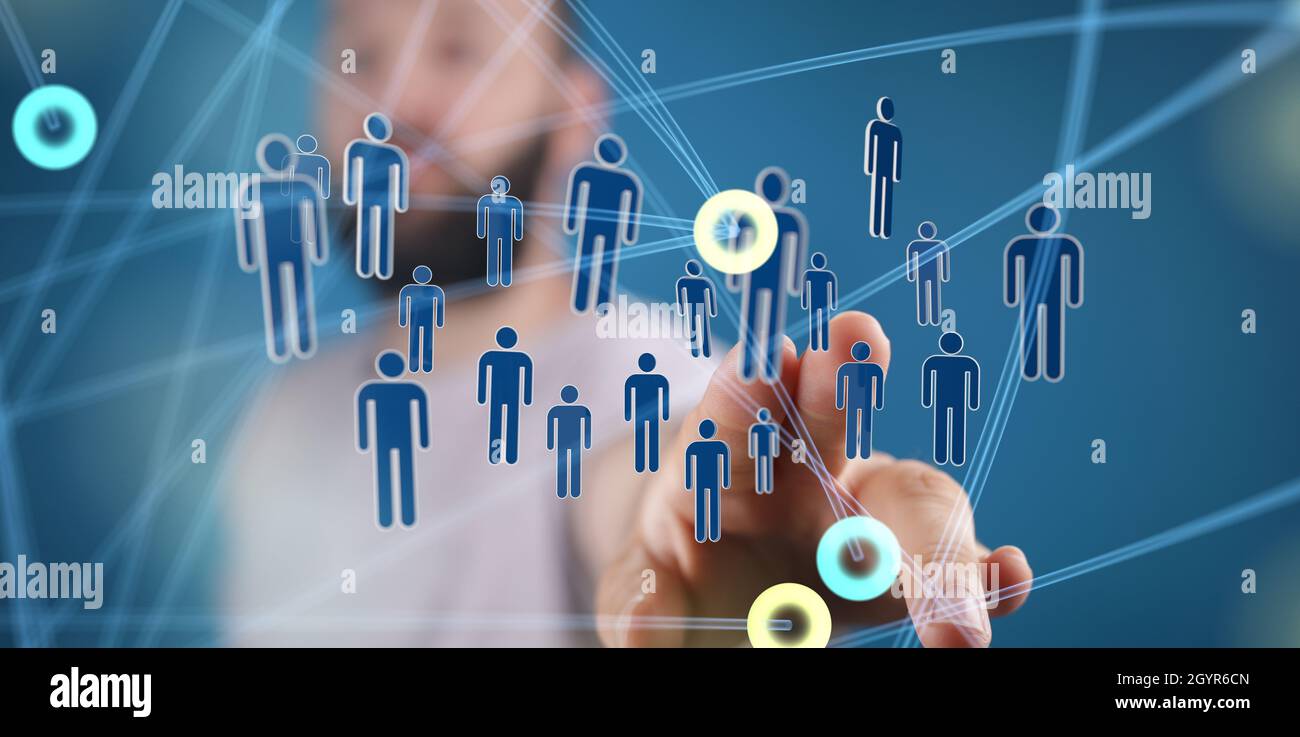 3D rendering of floating human icons with hand touching it from behind- digital teamwork concept ...