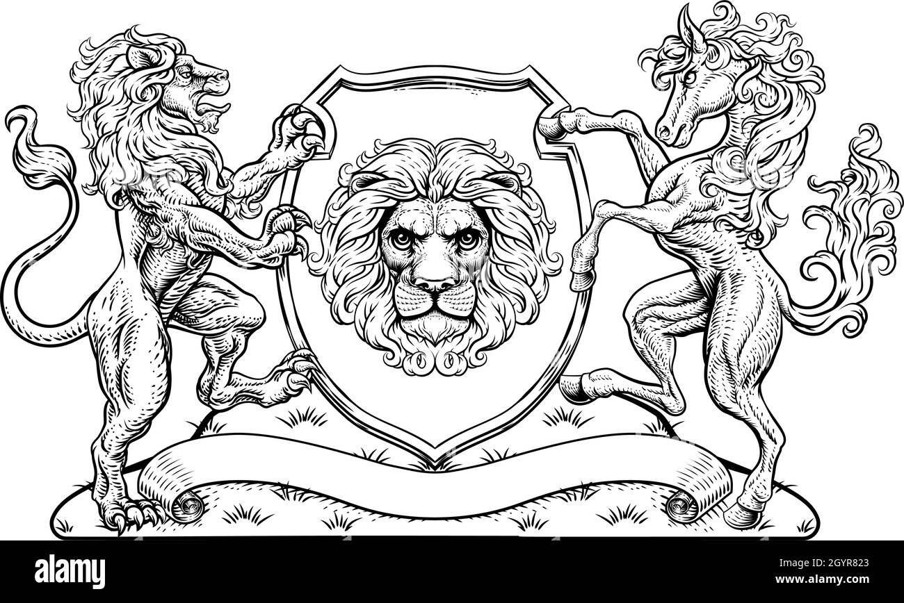 Rampant lions flanking shield Black and White Stock Photos & Images - Alamy
