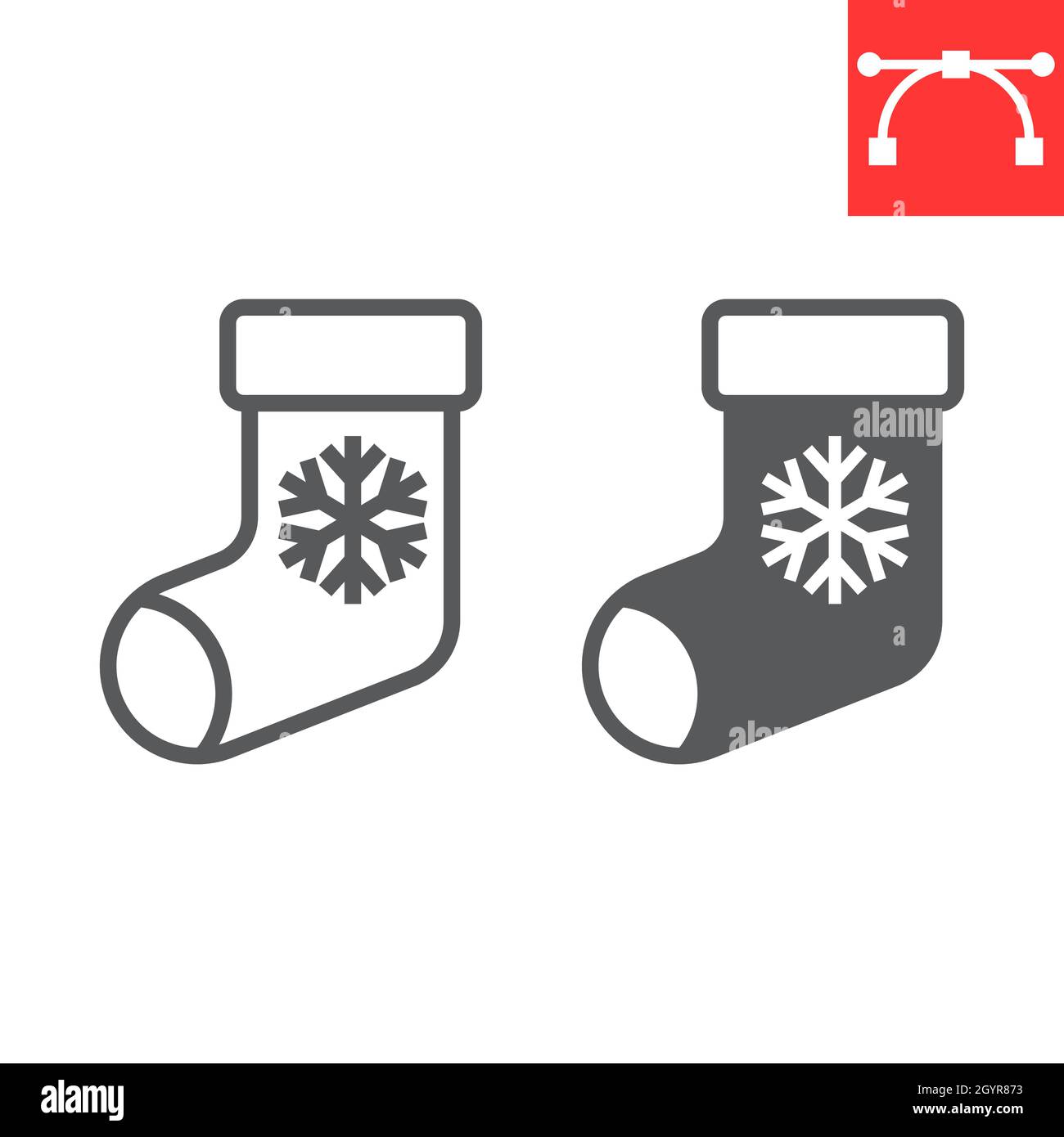 Christmas stocking line and glyph icon, holiday and snowflake ...