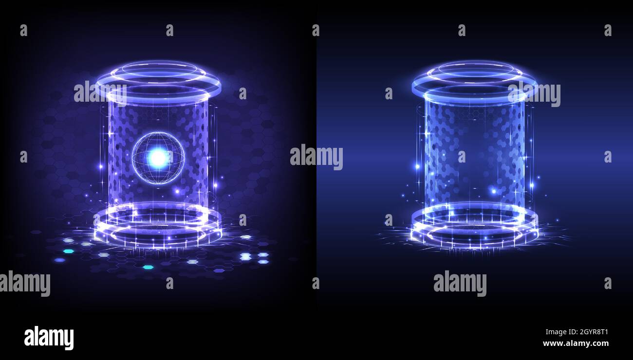 Portal and hologram science futuristic. Lab technology hexagon capsule ...