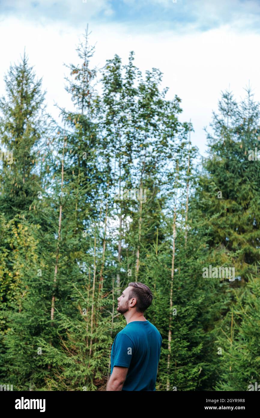 Man relax in forest against conifers trees blue sky. Hiking unity of ...