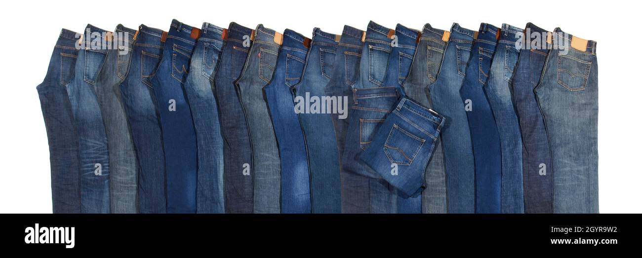 Blue Jeans Row, wide Banner without Brands - Panorma isolated on white ...