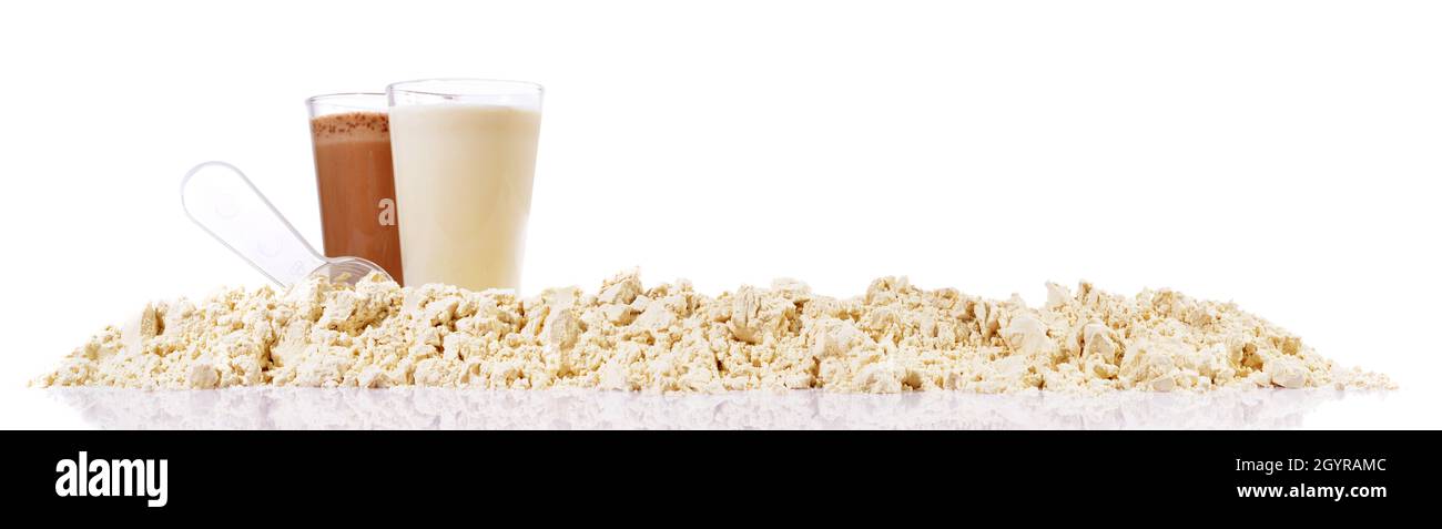 Protein Powder Banner with Chocolate and Vanilla Shake isolated on ...
