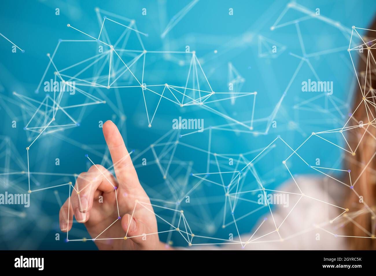 3D rendering of hand tapping on digital data network symbol ...