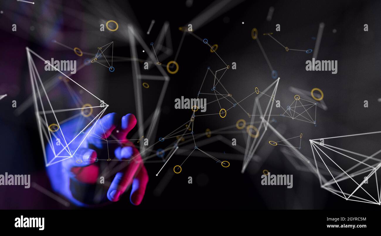 3D rendering of hand tapping on digital data network symbol ...