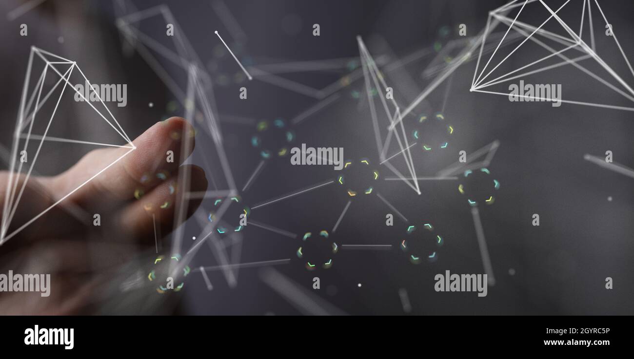3D rendering of hand tapping on digital data network symbol ...