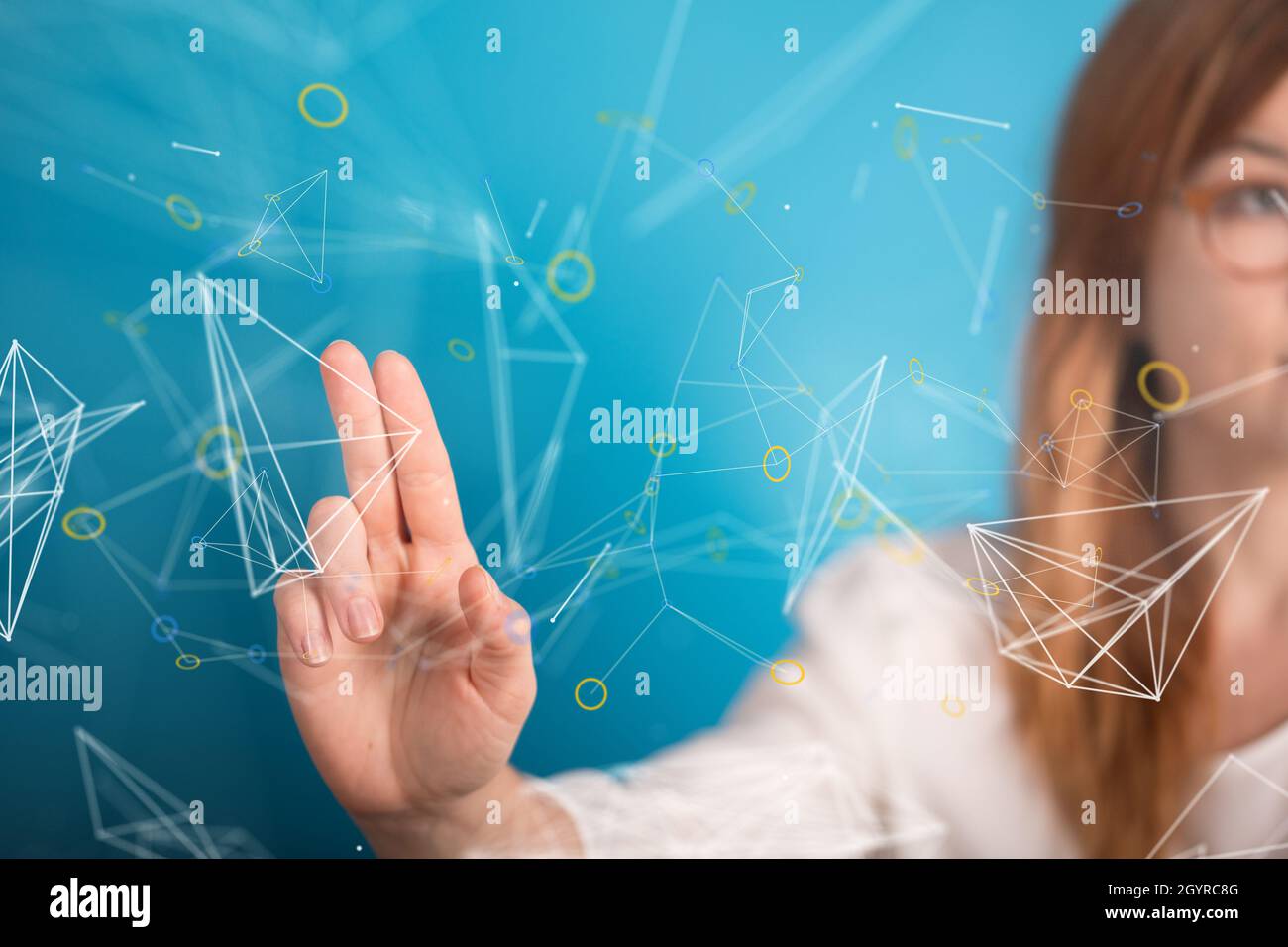 3D rendering of hand tapping on digital data network symbol ...