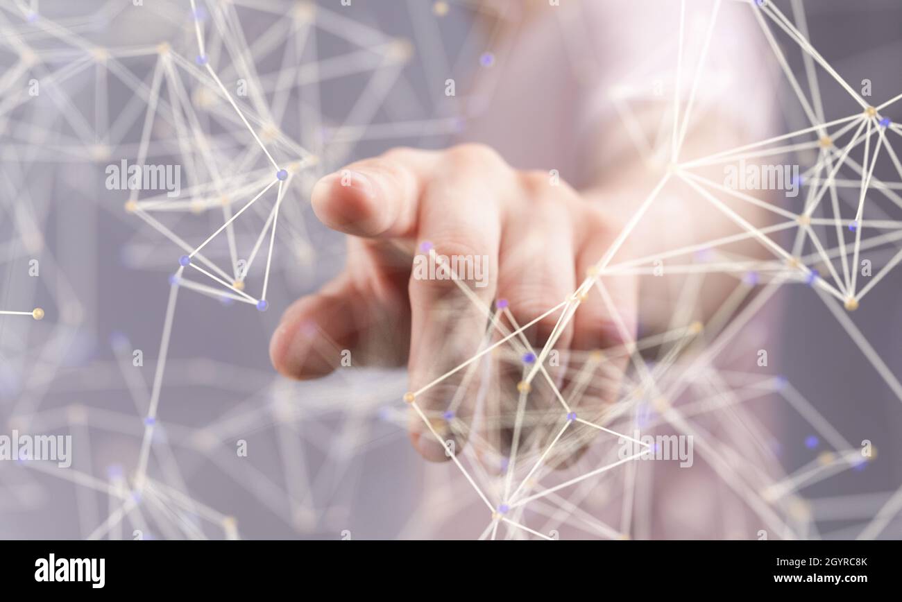 3D rendering of hand tapping on digital data network symbol ...