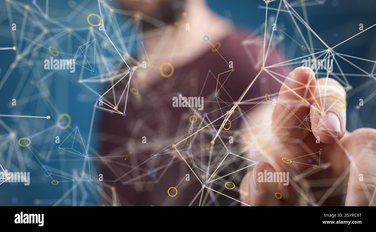 3D rendering of hand tapping on digital data network symbol ...