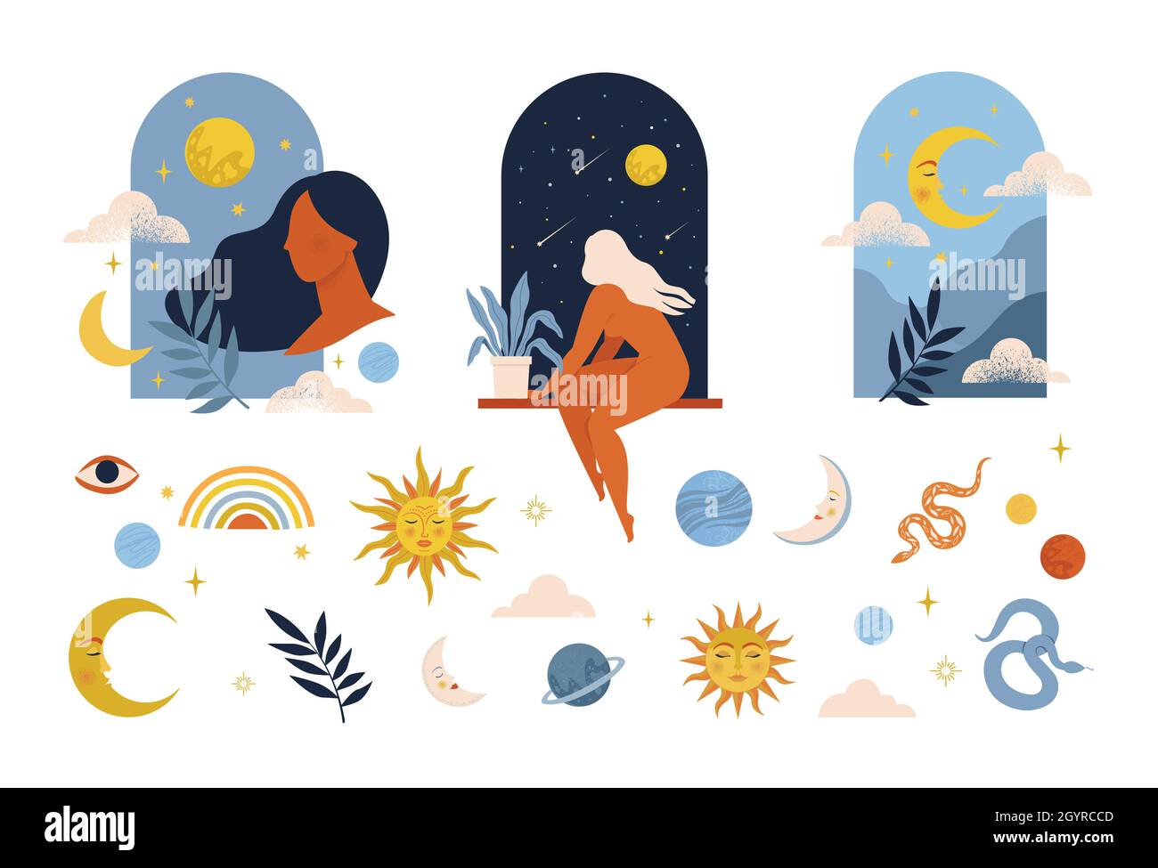 Mystic astrology and woman. Hand drawn magic vintage signs, esoteric ...