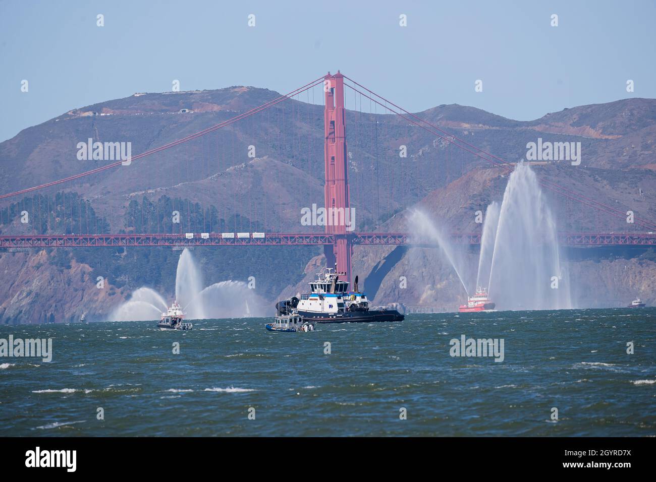 San Francisco, USA. 8th Oct, 2021. Fire-fighting boats spray water jets ...