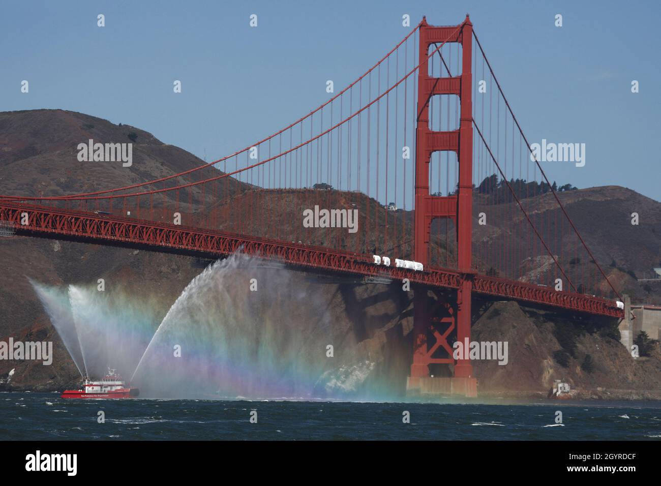 San Francisco, USA. 8th Oct, 2021. A fire-fighting boat sprays water ...