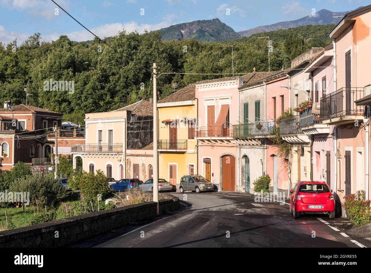 Colourful houses in the village of Milo, high on the eastern side of ...