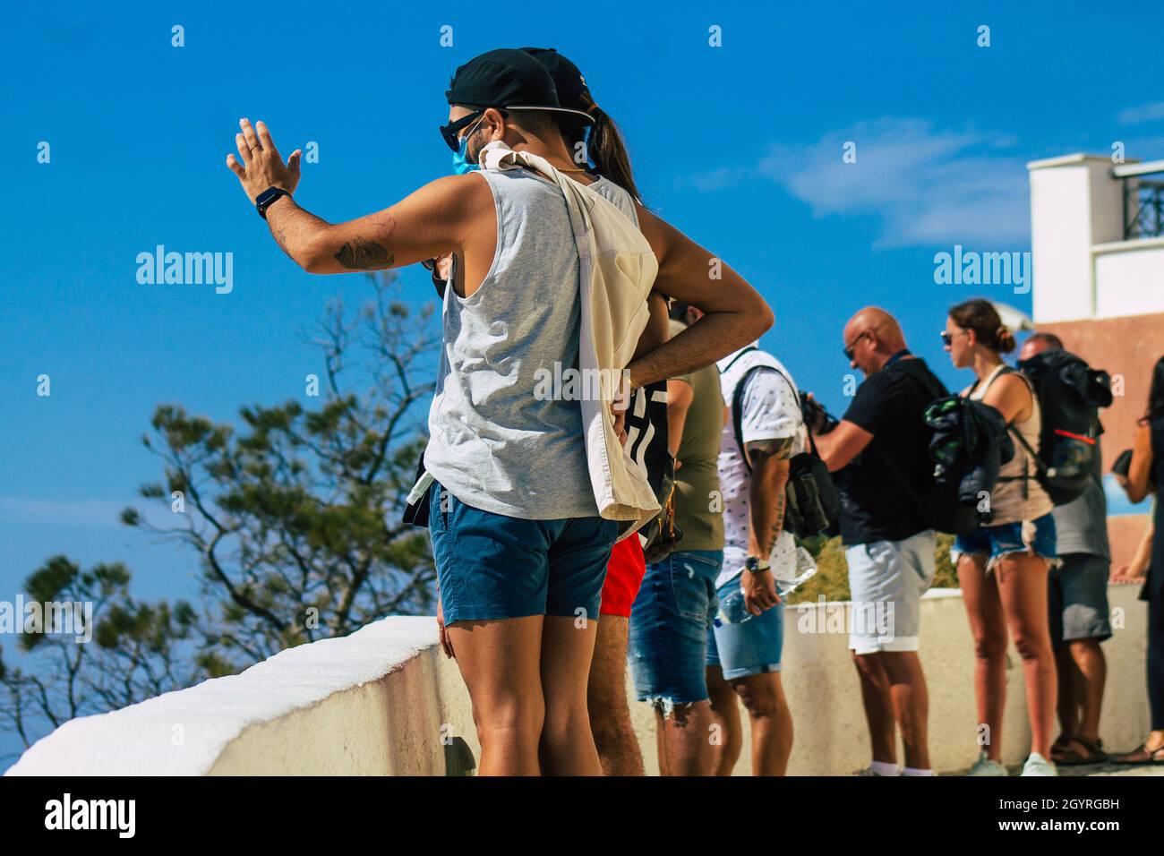 Santorini Island, Fira, Greece - October 08, 2021 Unidentified tourists ...