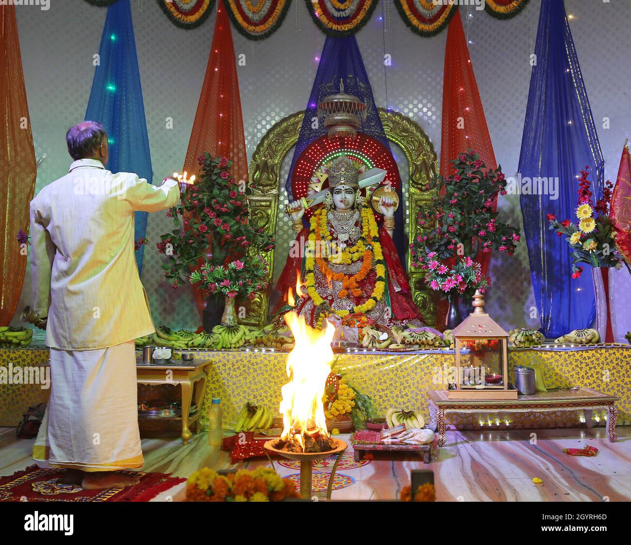 Beawar, Rajasthan, India, October 8, 2021: Hindu priest performs aarti ...