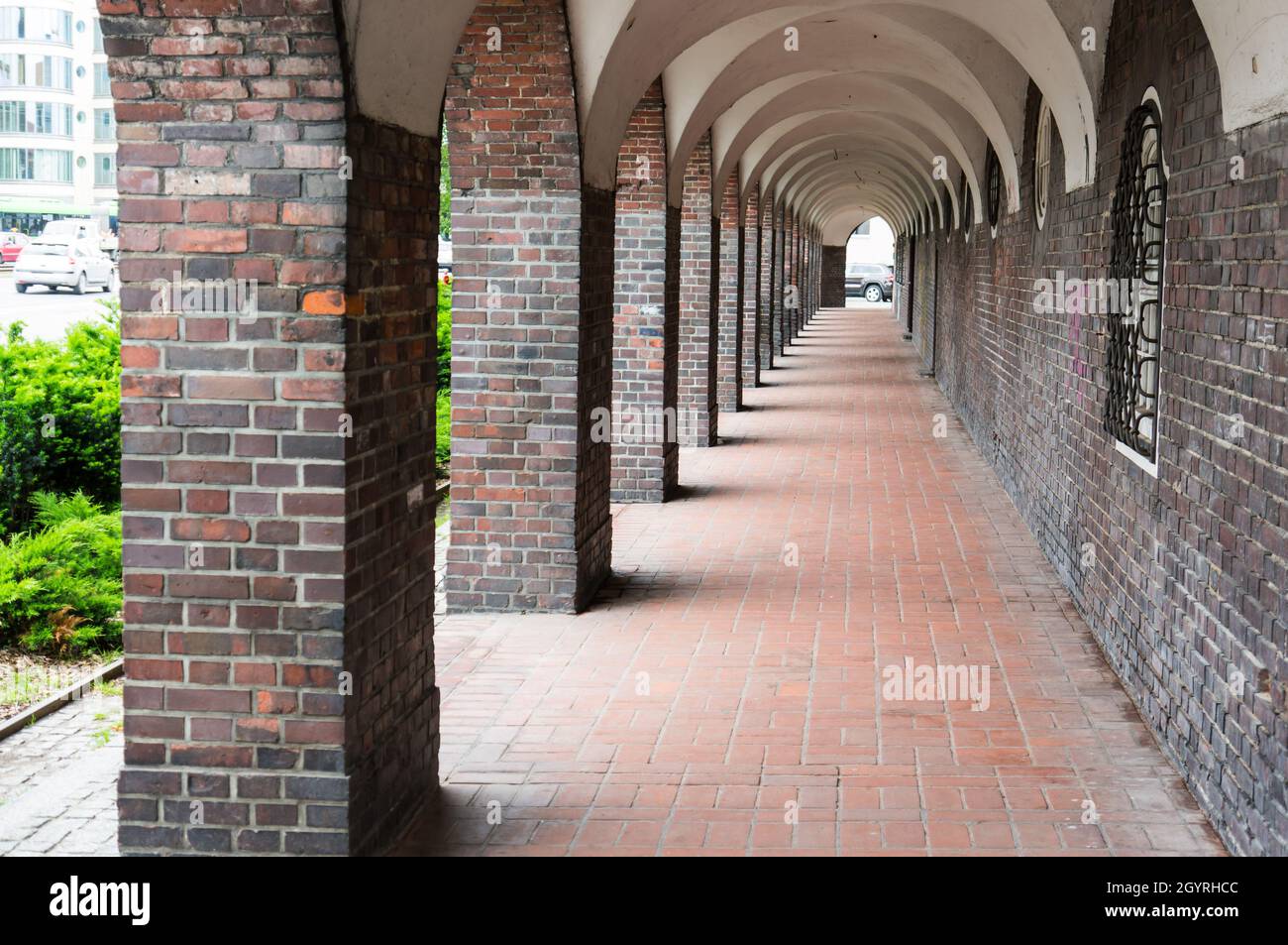 POZNAN, POLAND - Feb 04, 2016: The row of pillars of a building with a ...