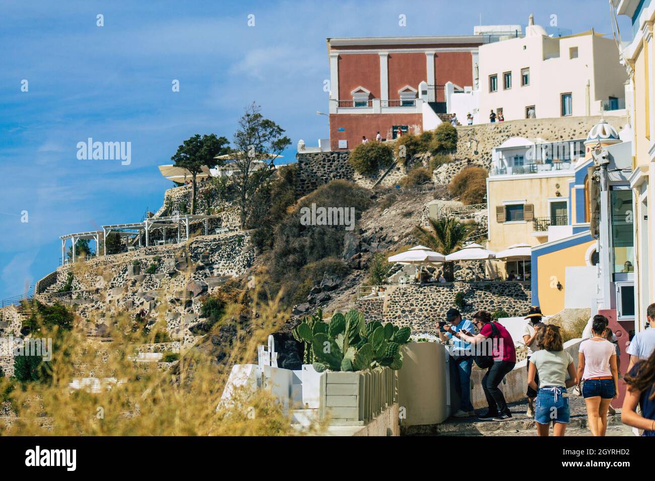 Santorini Island, Fira, Greece - October 08, 2021 Unidentified tourists ...