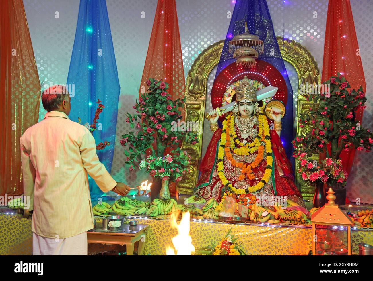 Beawar, Rajasthan, India, October 8, 2021: Hindu priest performs aarti ...