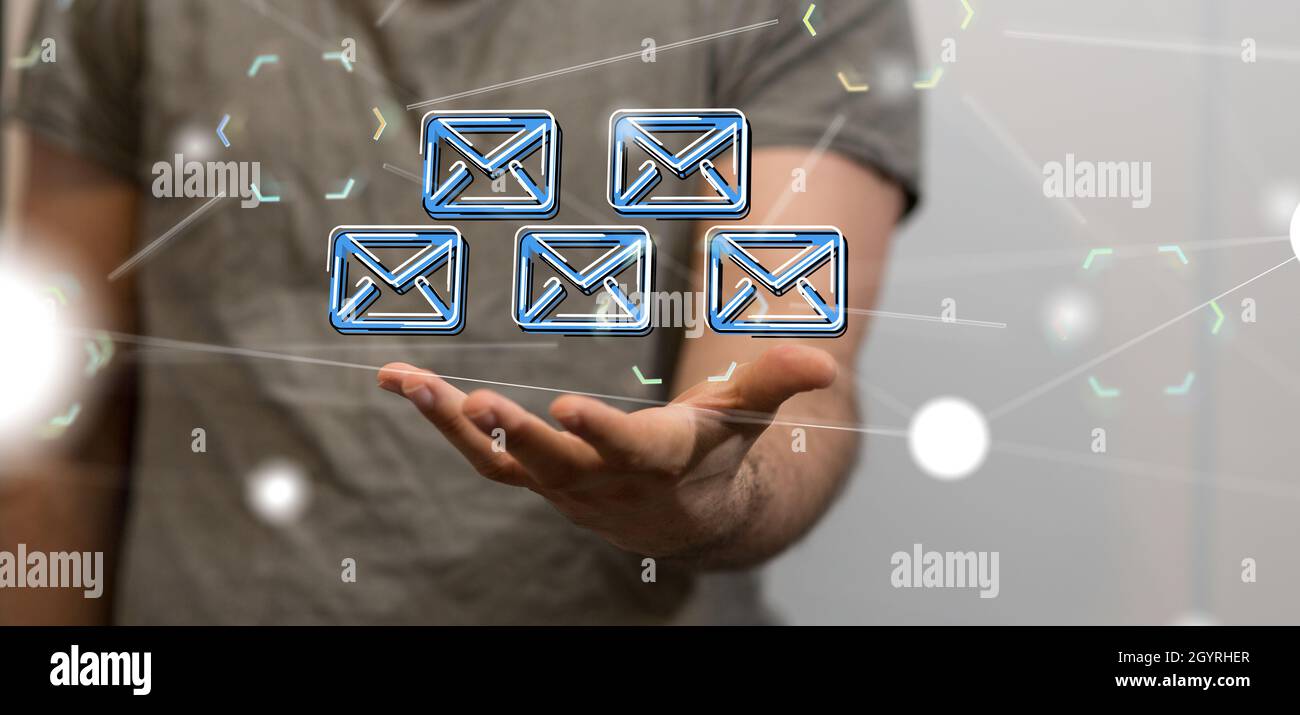3d illustration of emails floating near a hand, contact connection ...