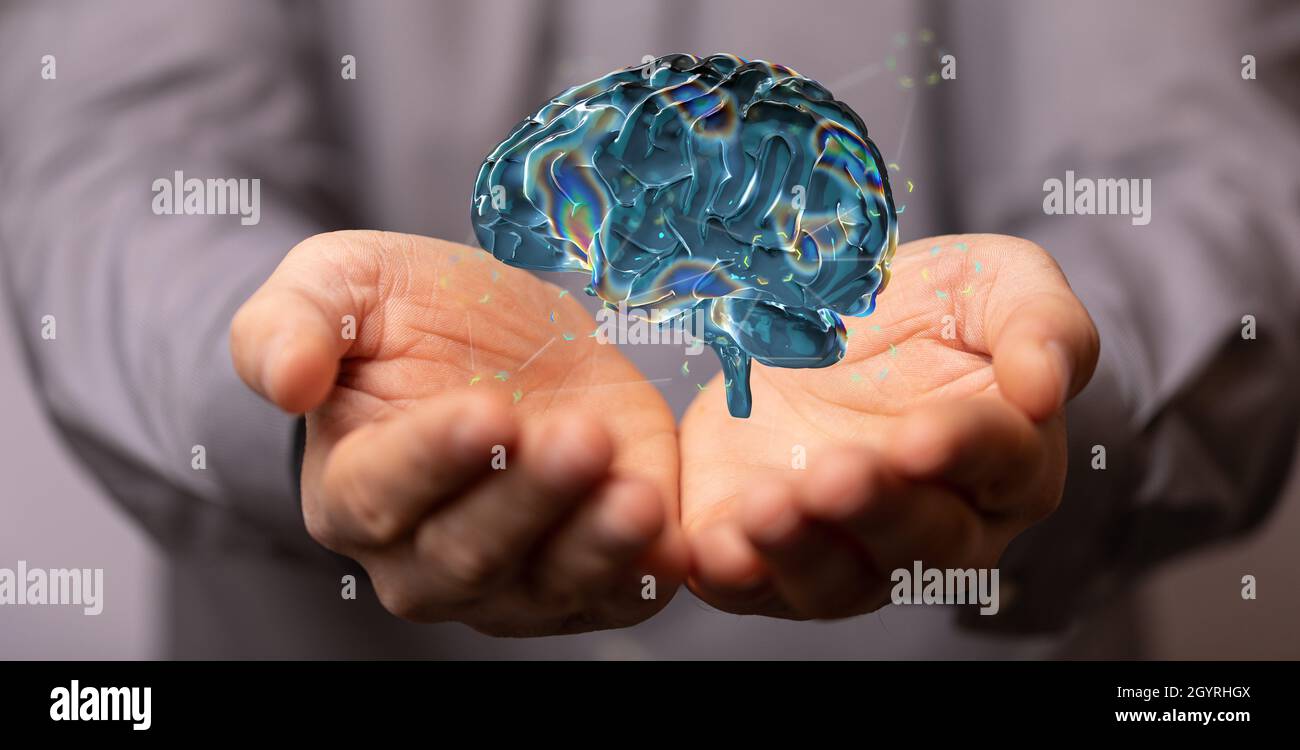 3d illustration of a human brain floating near hands Stock Photo - Alamy