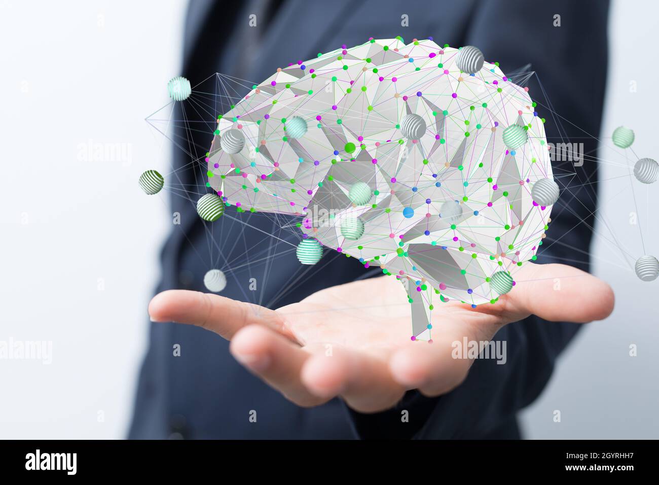 3d illustration of a human brain floating near a hand Stock Photo - Alamy
