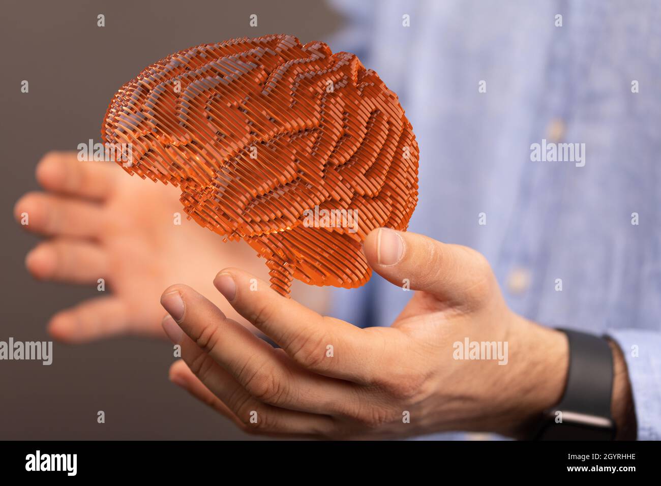 3d illustration of a human brain floating near hands Stock Photo - Alamy