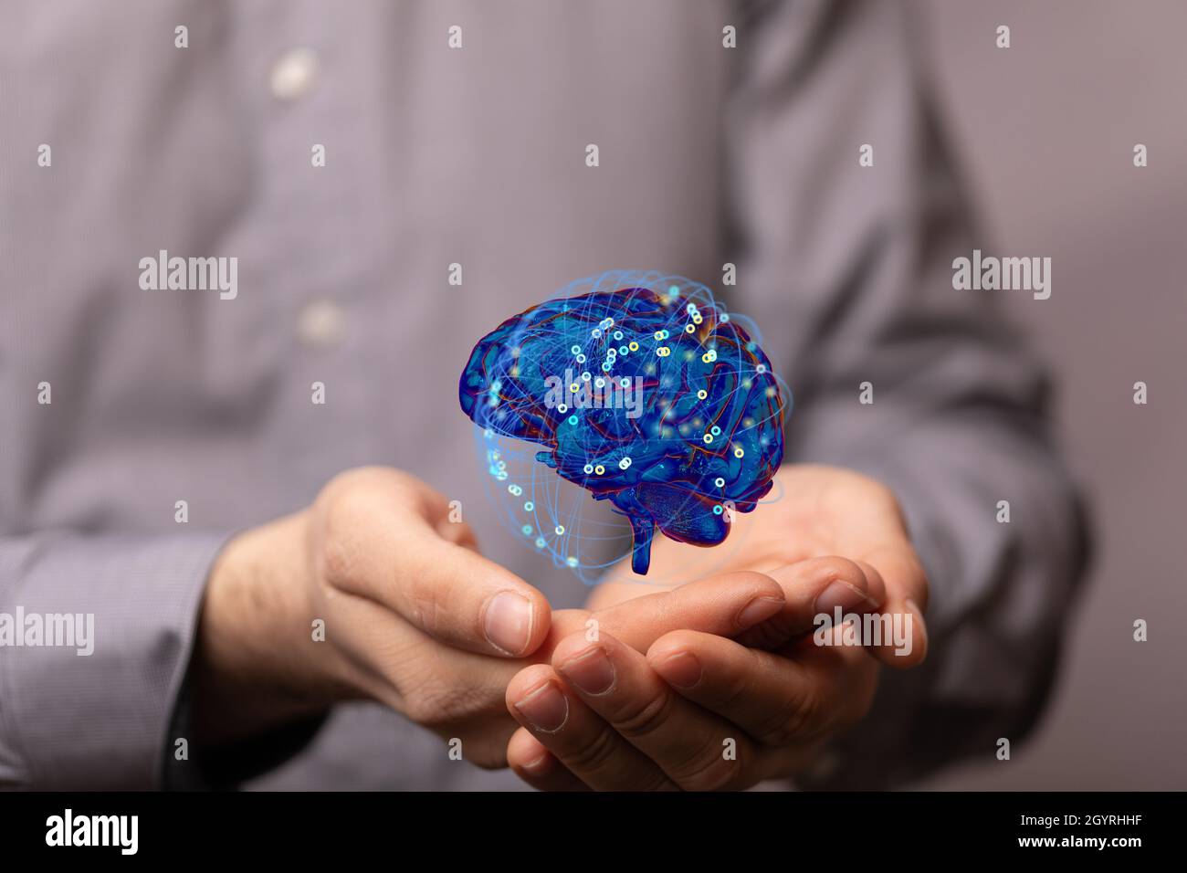 3d illustration of a human brain floating near a hand Stock Photo - Alamy