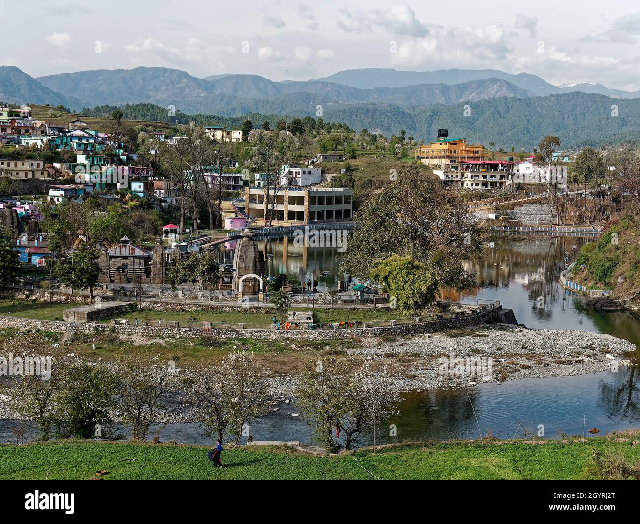 High angle view of scenic Baijnath village on the bank of river Gomati ...