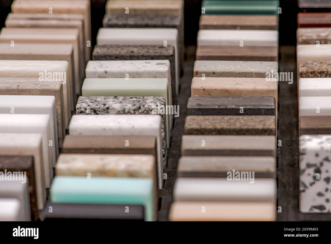 Samples of decorative artificial stone, close-up. Stone samples for ...