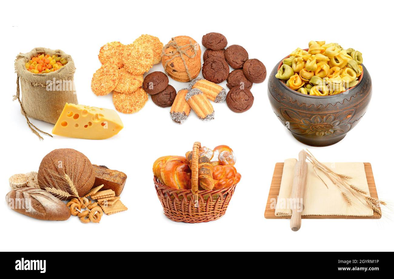 Bread, pasta and sweet pastries isolated on white background. Collage ...