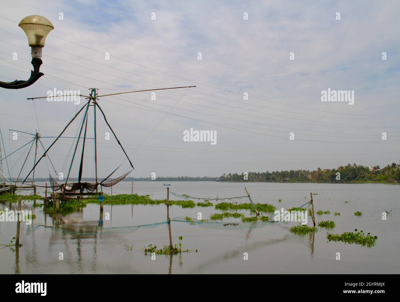 View of the Chinese model fishing nets in a lake in Kerala,india Stock ...
