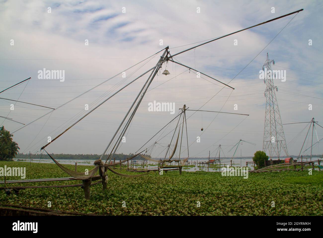 View of the Chinese model fishing nets in a lake in Kerala,india Stock ...