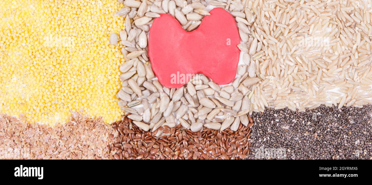 Nutritious ingredients and thyroid shape. Healthy food containing ...