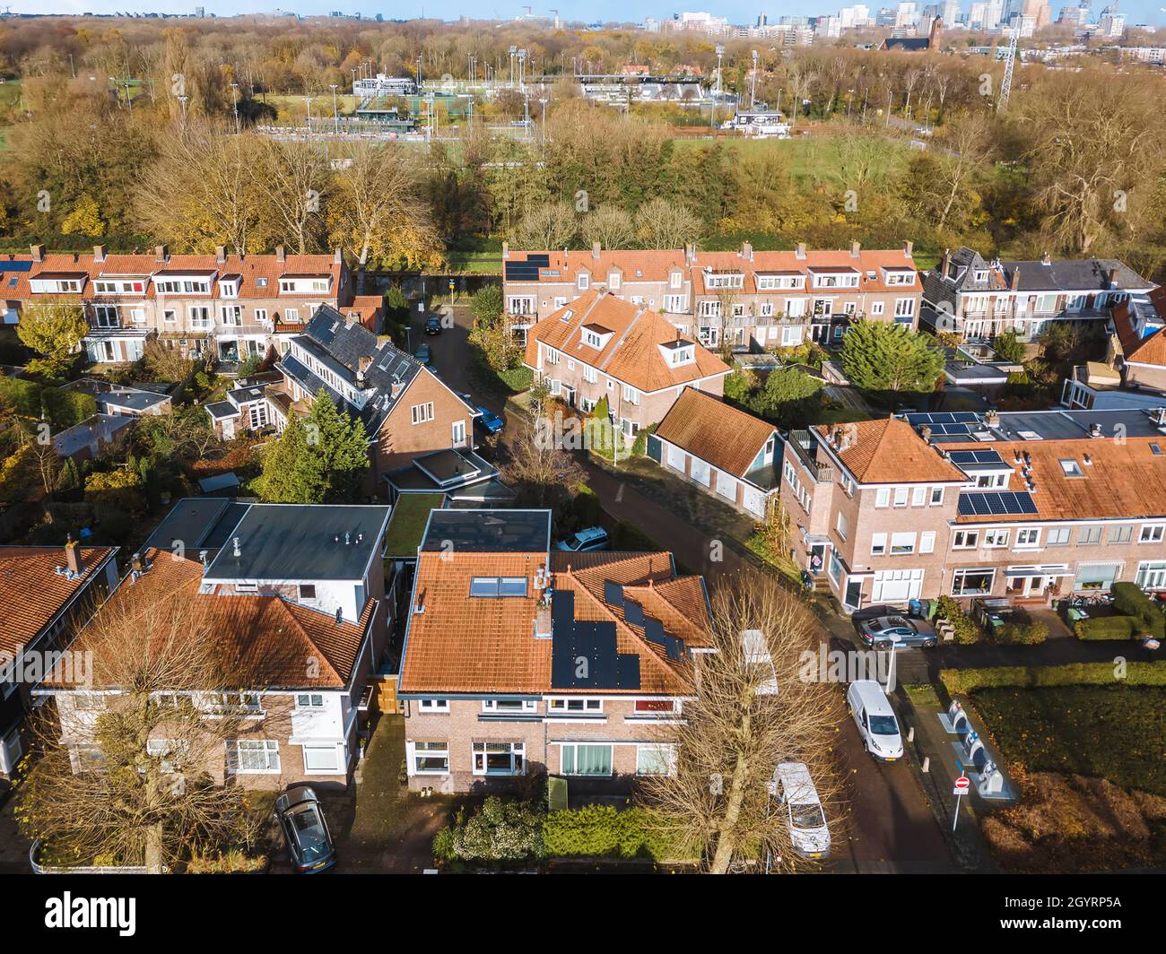 Aerial view of residential buildings with beautiful large trees Stock ...