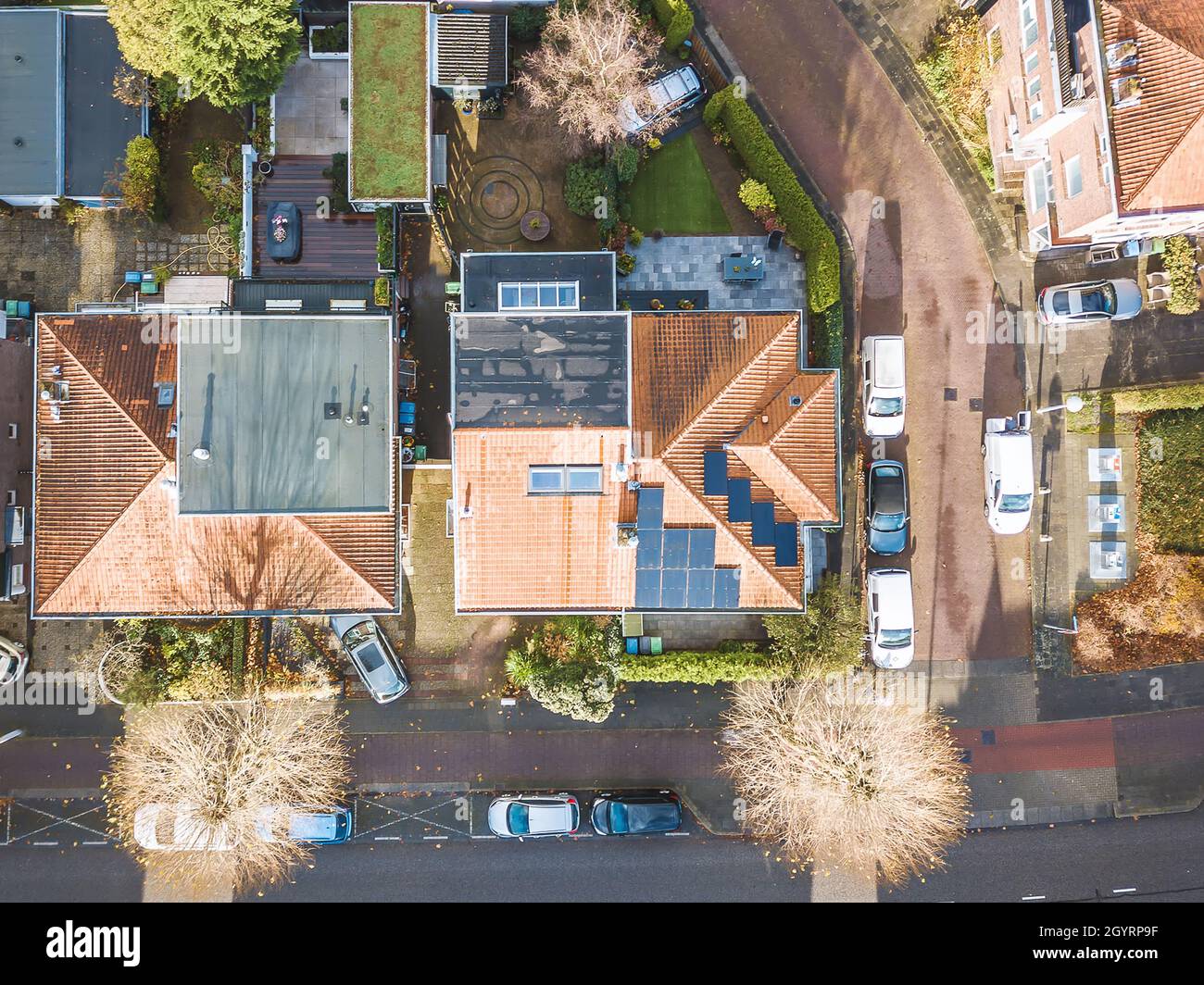 Aerial view of residential buildings with beautiful large trees Stock ...