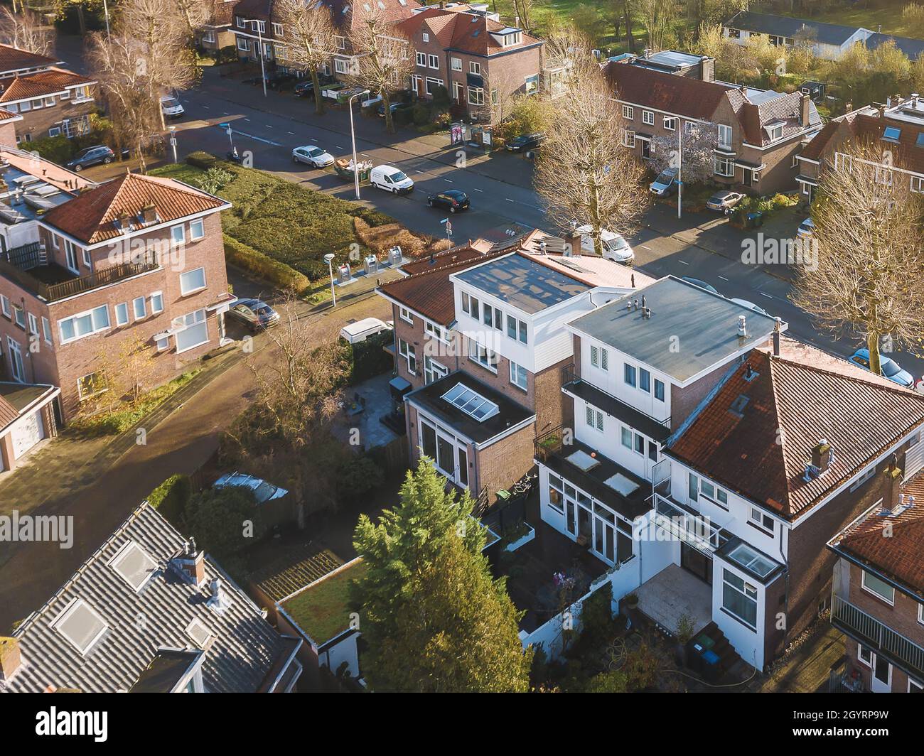 Aerial view of residential buildings with beautiful large trees Stock ...