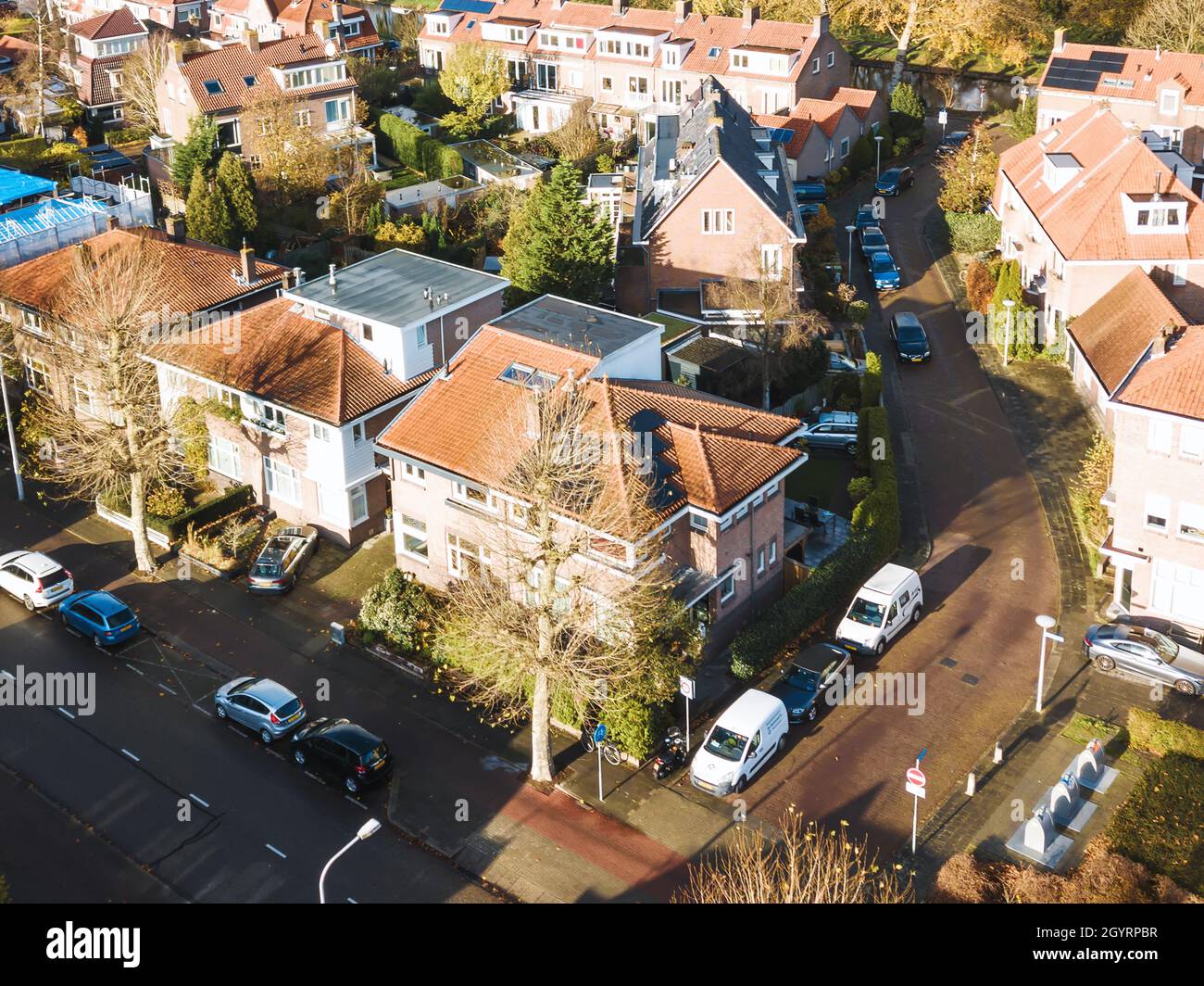 Aerial view of residential buildings with beautiful large trees Stock ...