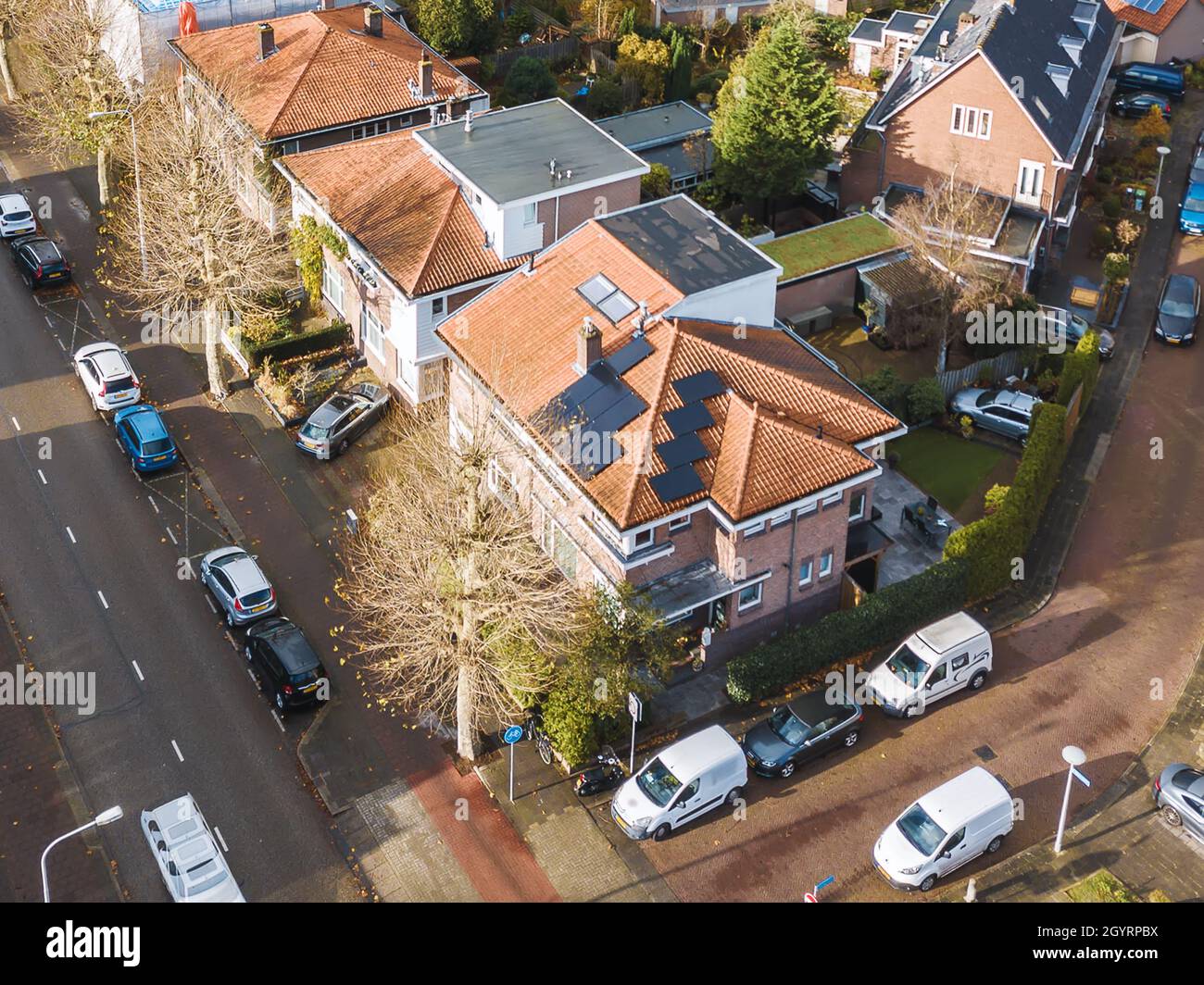 Aerial view of residential buildings with beautiful large trees Stock ...