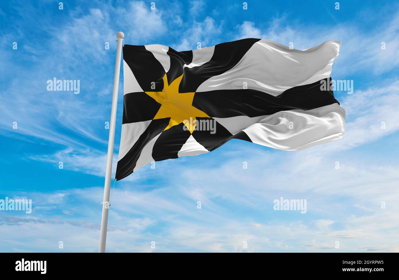 flag of Sutherland at cloudy sky background on sunset. panoramic view ...