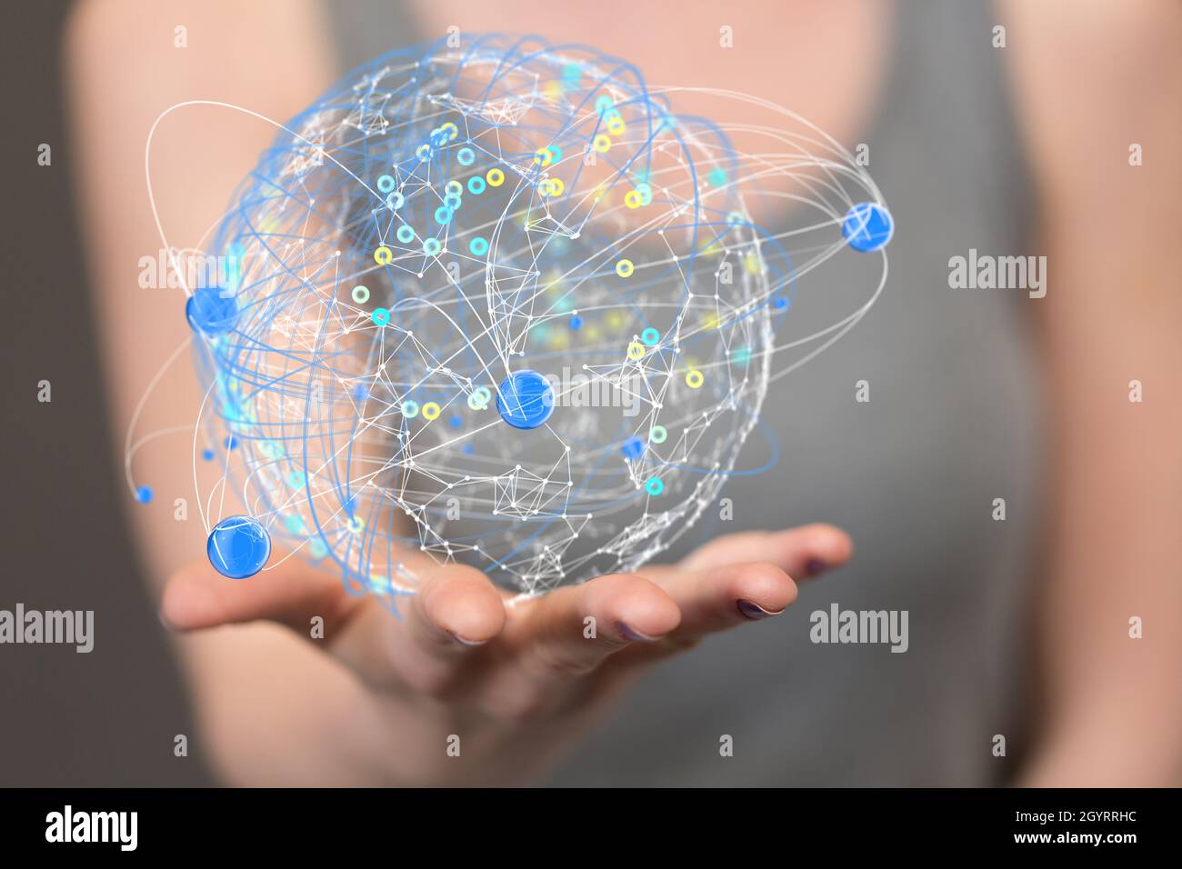 3d illustration of a digital sphere floating near a hand, digital ...
