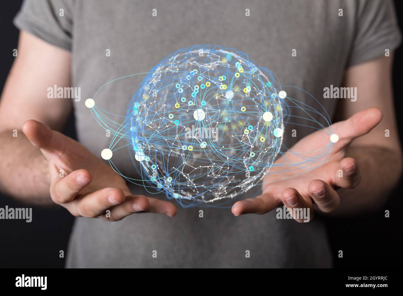 3d illustration of a digital sphere floating near hands, digital ...