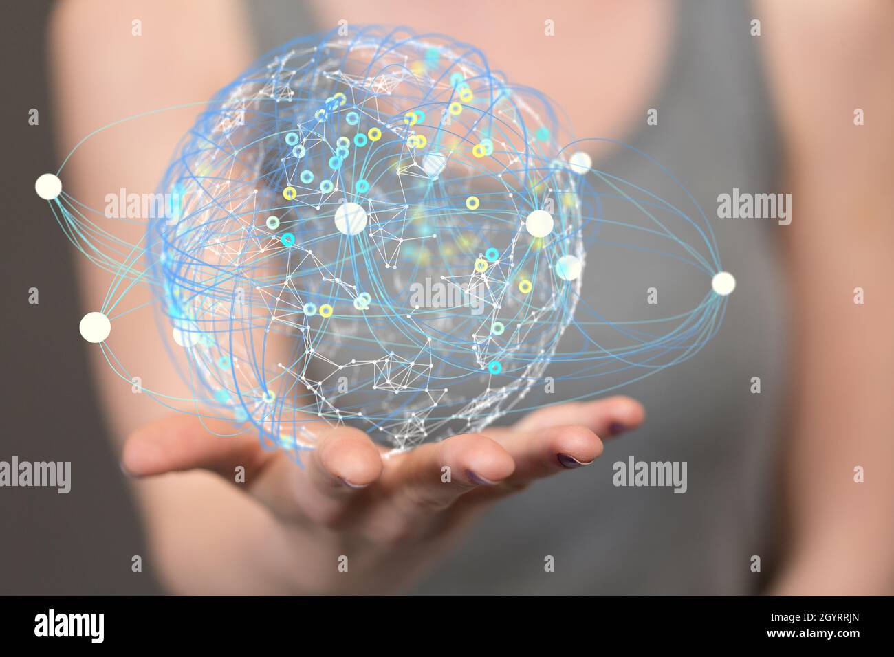 3d illustration of a digital sphere floating near a hand, digital ...