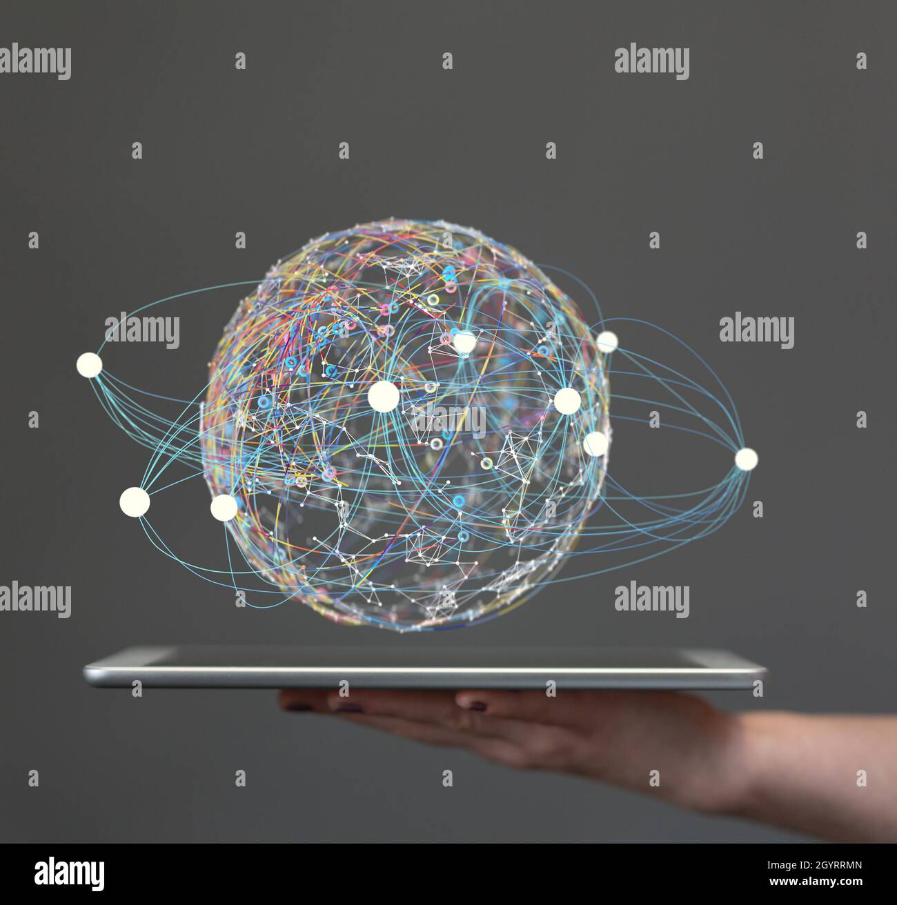 3d illustration of a digital sphere floating near a tablet, digital ...