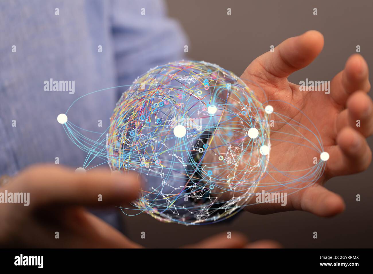 3d illustration of a digital sphere floating near hands, digital ...