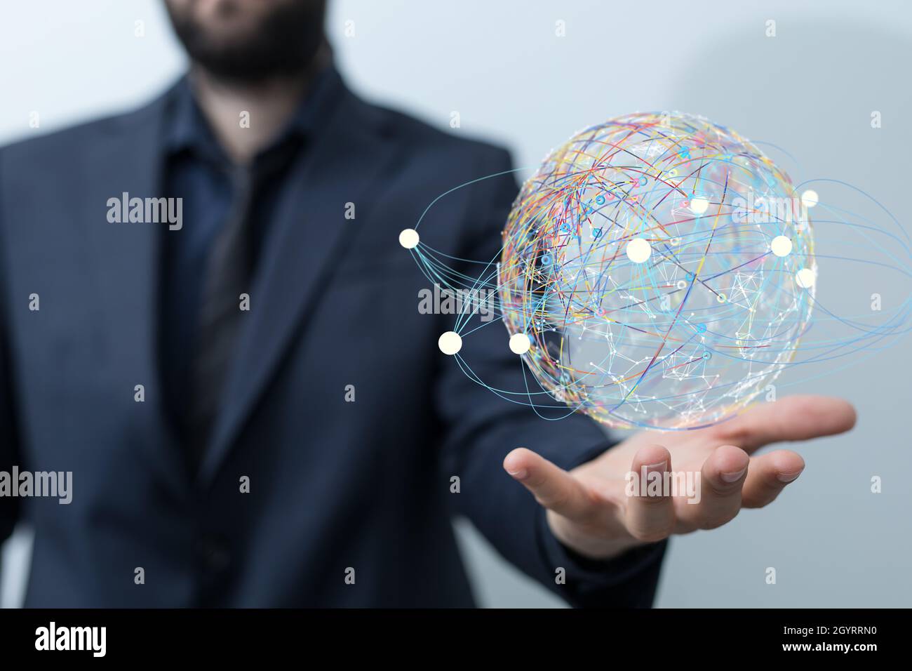 3d illustration of a digital sphere floating near a hand, digital ...