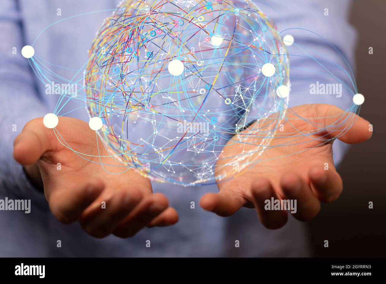 3d illustration of a digital sphere floating near hands, digital ...