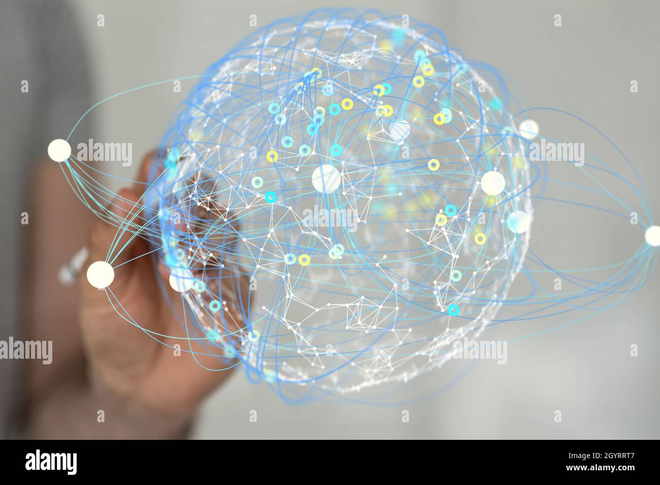 3d illustration of a digital sphere floating near a hand, digital ...