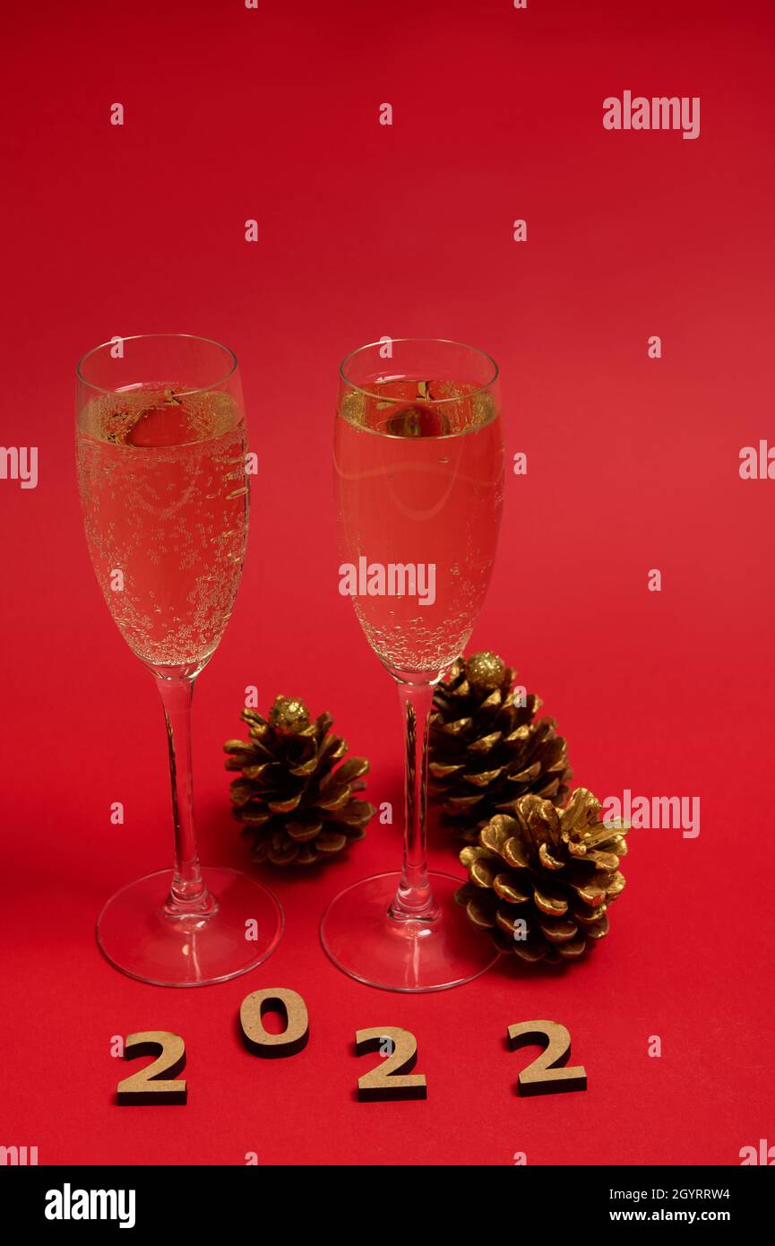 Luxury Christmas decoration with golden pine cones, wooden numerals ...